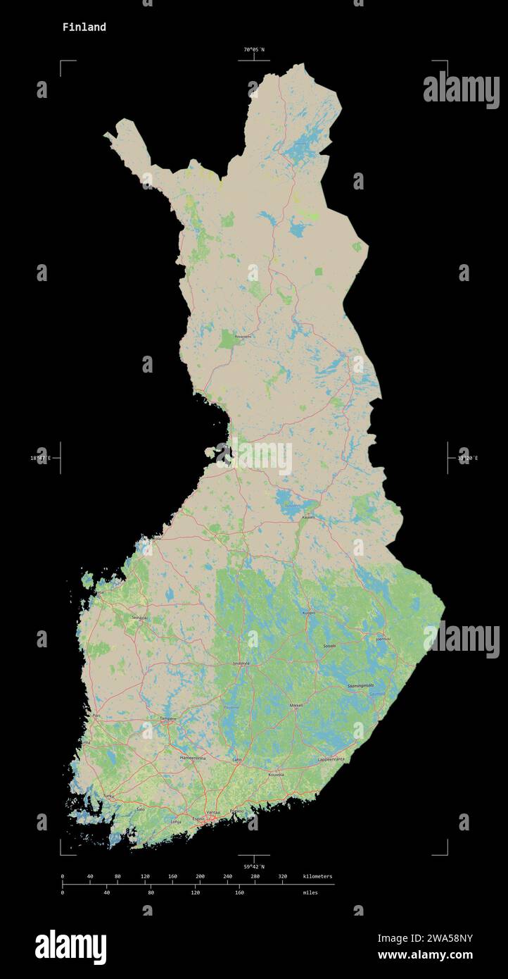 Shape of a topographic, OSM Germany style map of the Finland, with ...