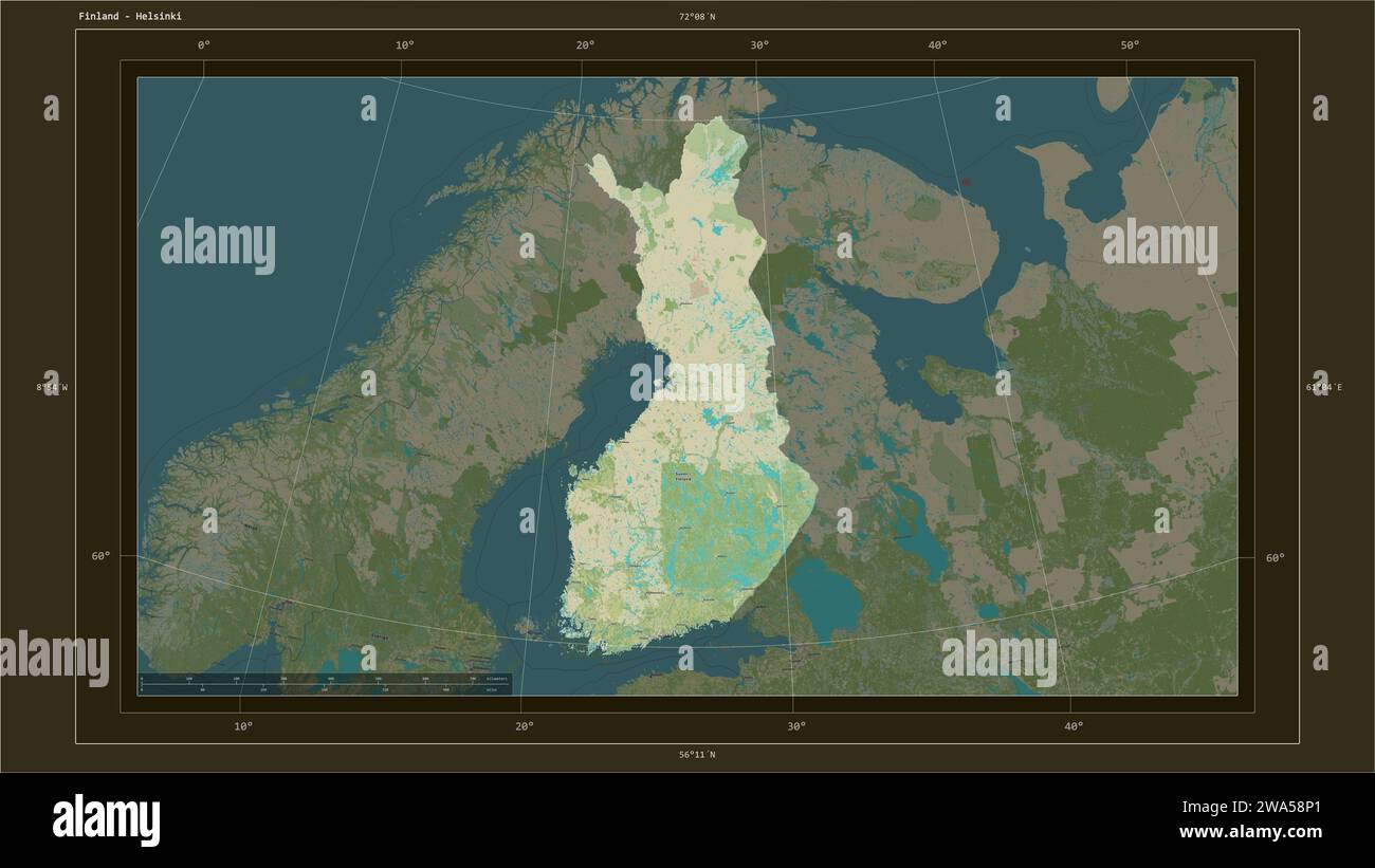 Finland highlighted on a topographic, OSM Humanitarian style map map ...