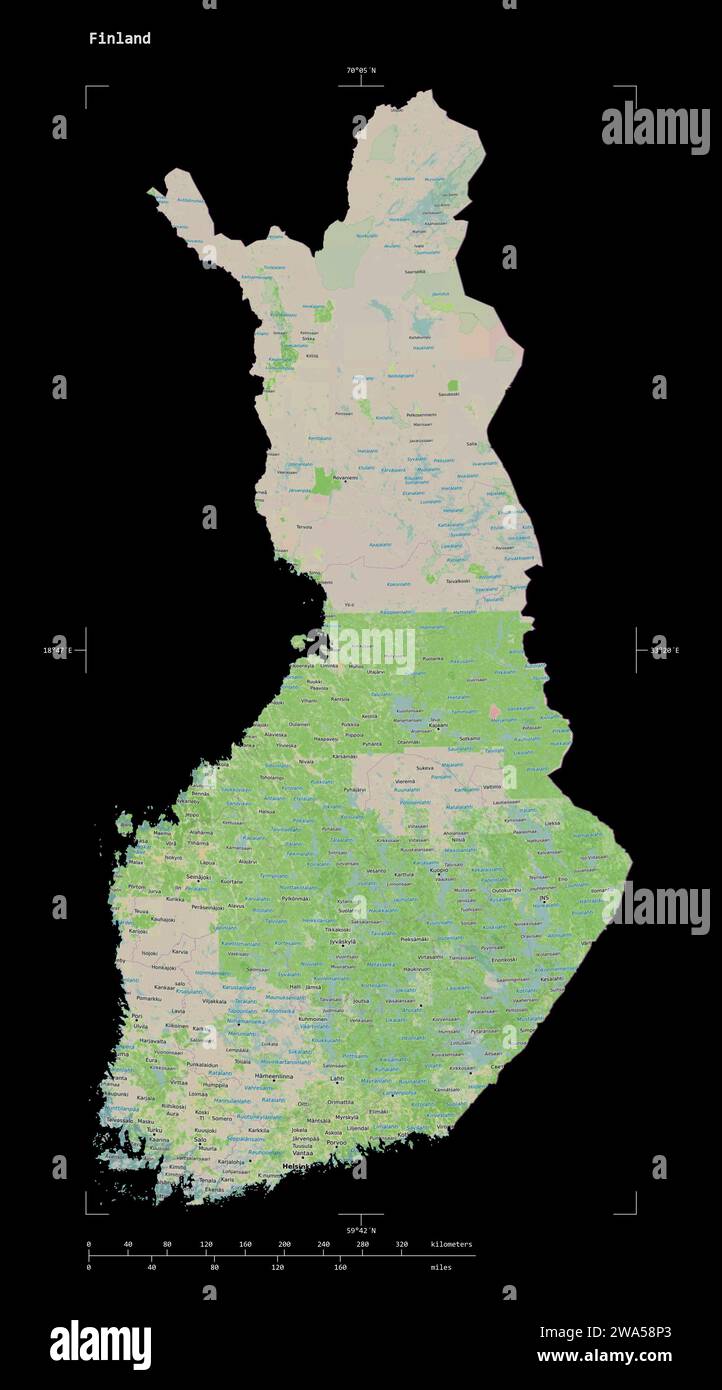 Shape of a topographic, OSM France style map of the Finland, with ...