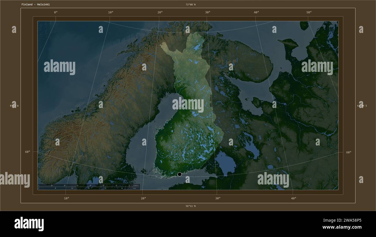 Finland highlighted on a Colored elevation map with lakes and rivers ...