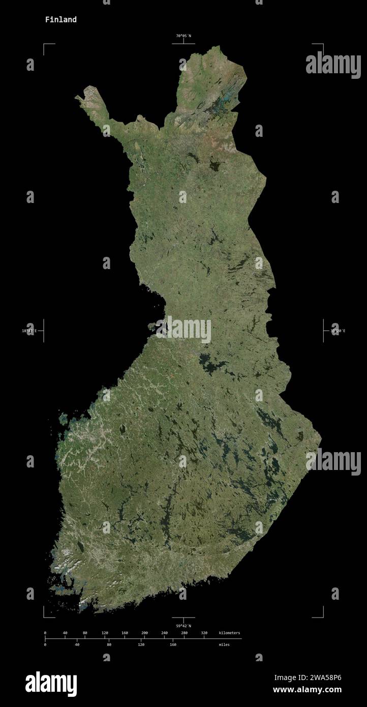Shape of a high resolution satellite map of the Finland, with distance ...