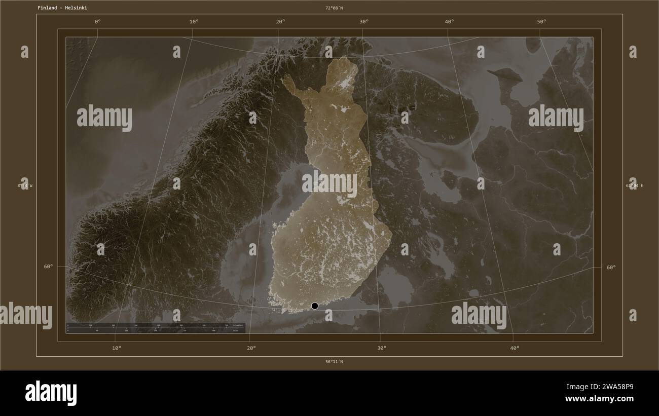 Finland highlighted on a elevation map colored in sepia tones with ...