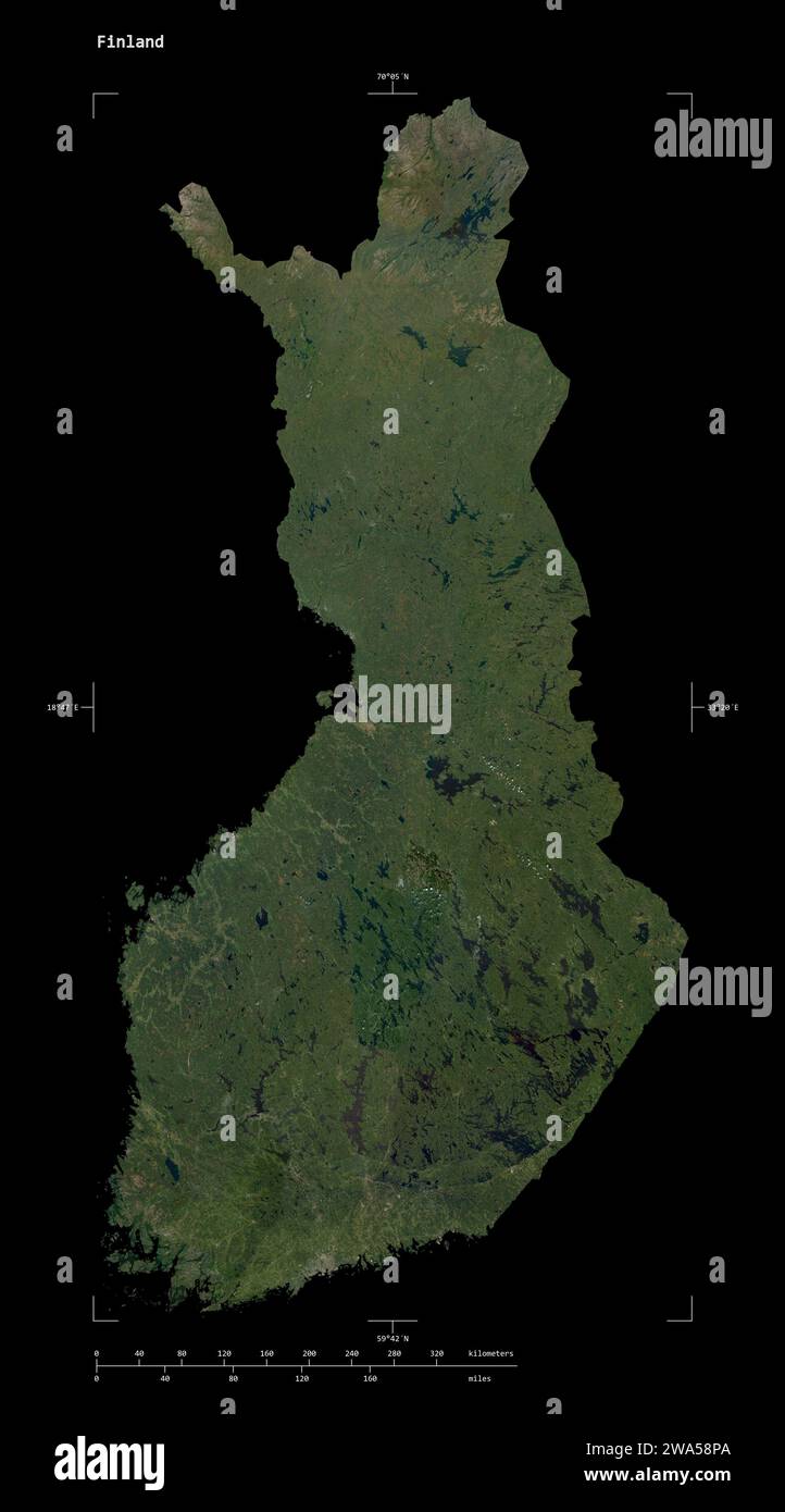 Shape of a low resolution satellite map of the Finland, with distance ...