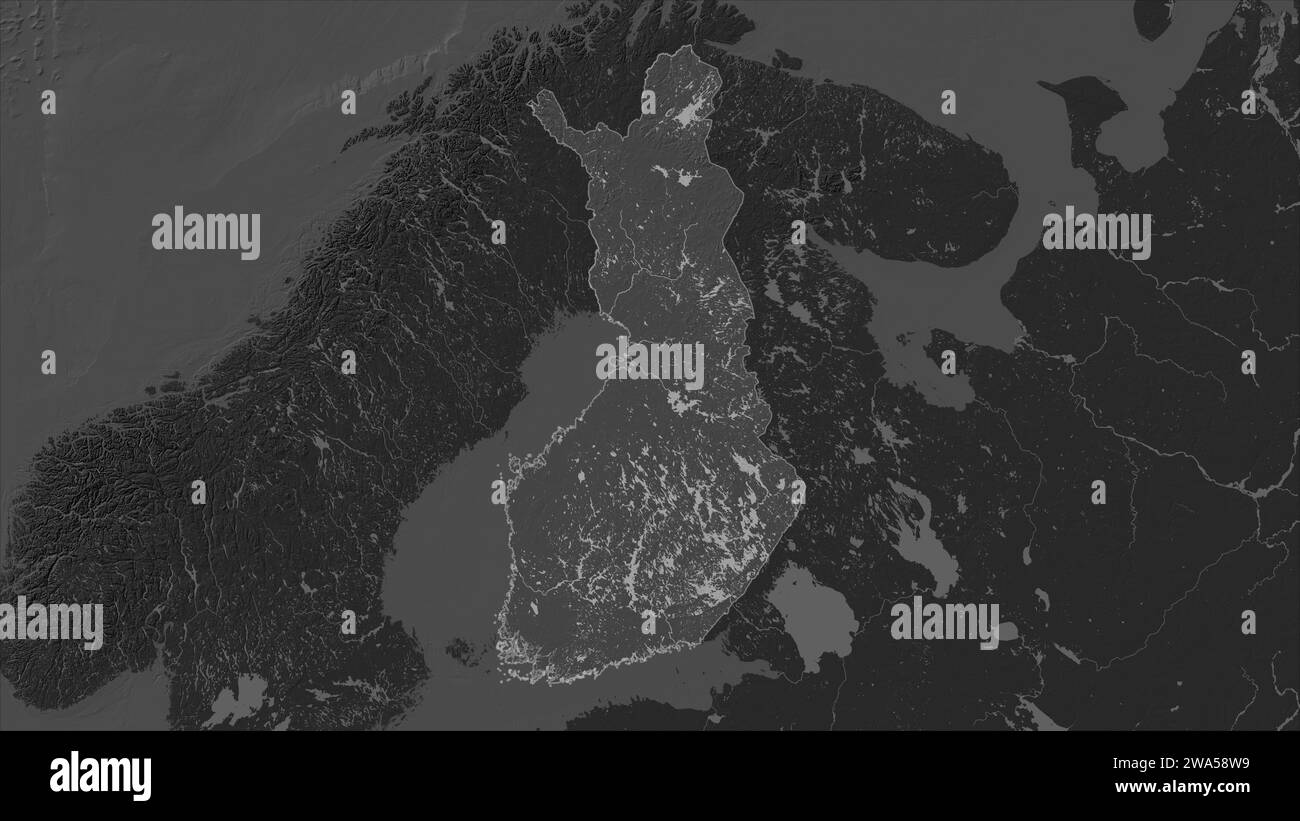 Finland highlighted on a Bilevel elevation map with lakes and rivers ...