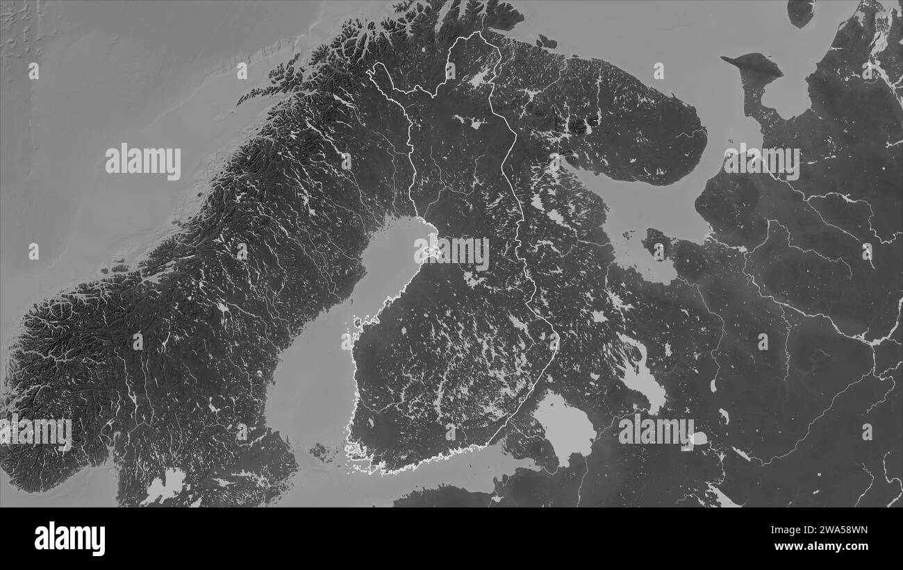 Finland outlined on a Grayscale elevation map with lakes and rivers ...