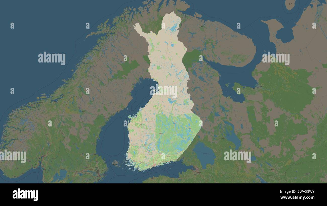 Finland highlighted on a topographic, OSM standard style map Stock ...