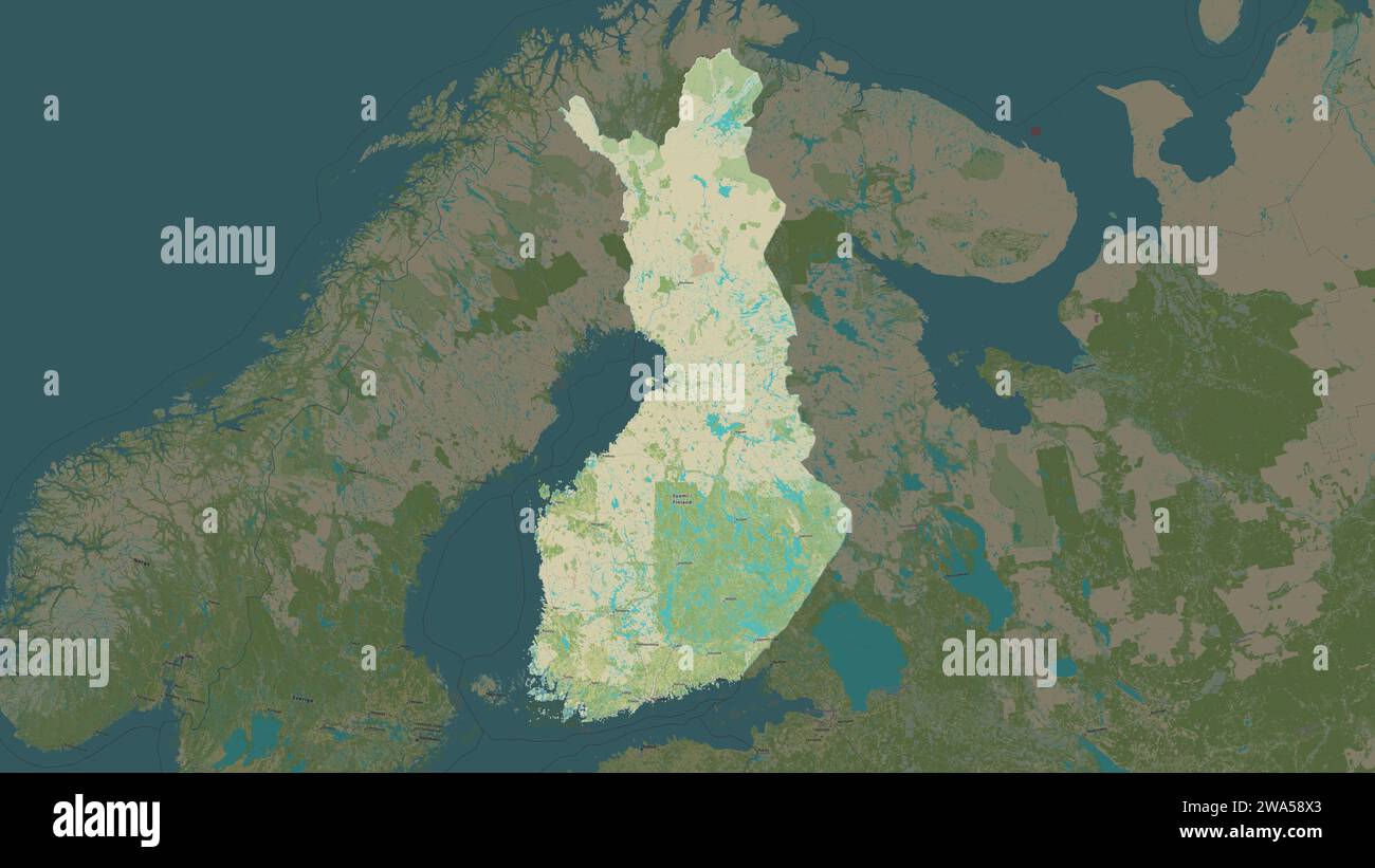 Finland highlighted on a topographic, OSM Humanitarian style map Stock ...