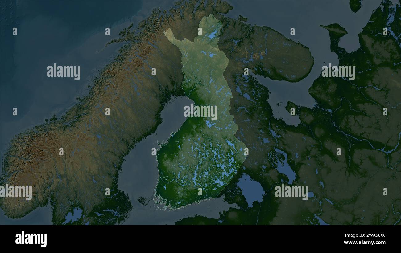 Finland highlighted on a Colored elevation map with lakes and rivers ...