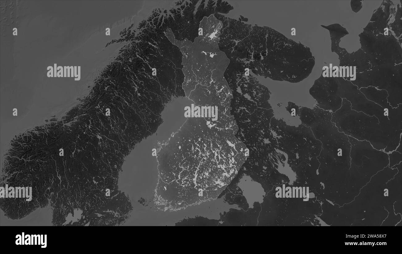 Finland highlighted on a Grayscale elevation map with lakes and rivers ...
