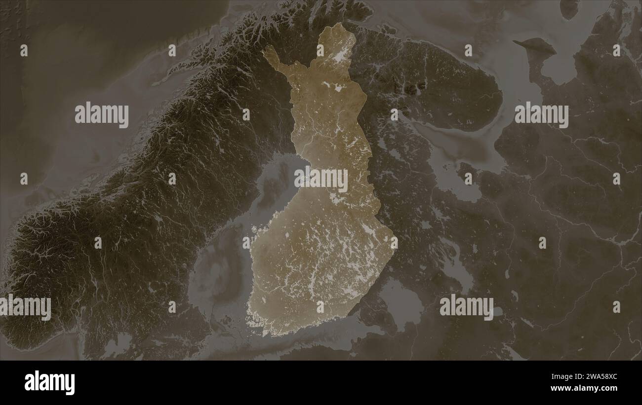 Finland highlighted on a elevation map colored in sepia tones with ...