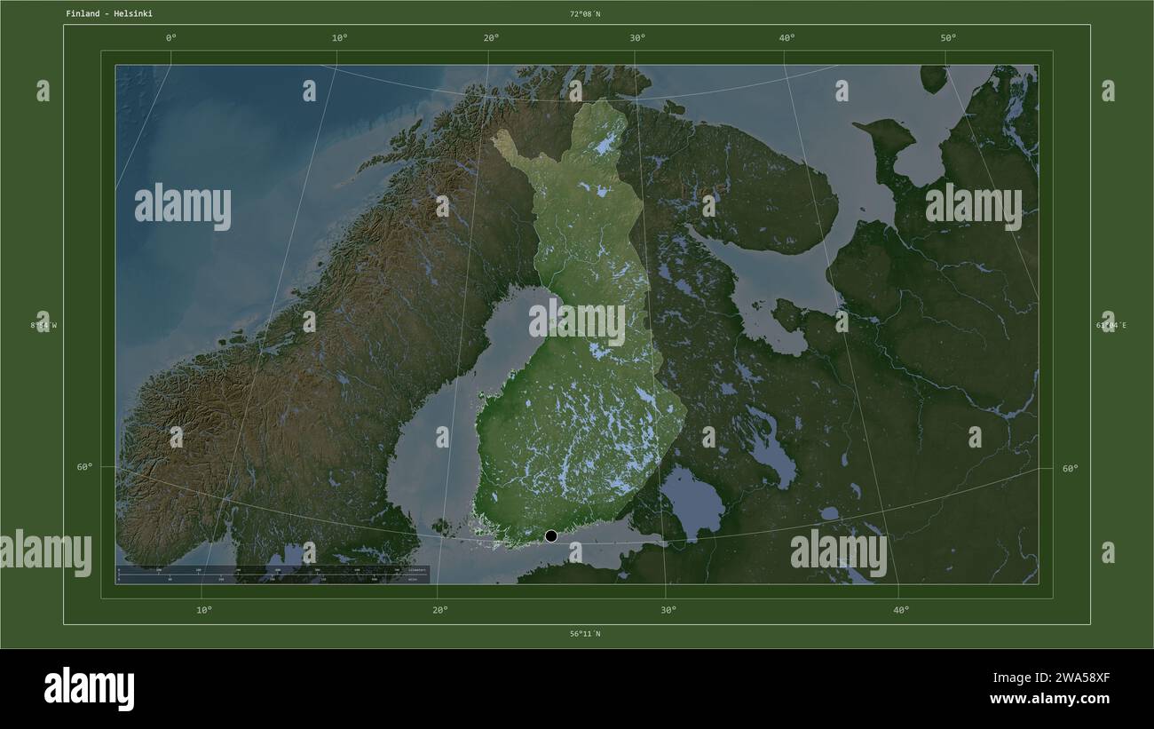 Finland highlighted on a Pale colored elevation map with lakes and rivers map with the country's ...