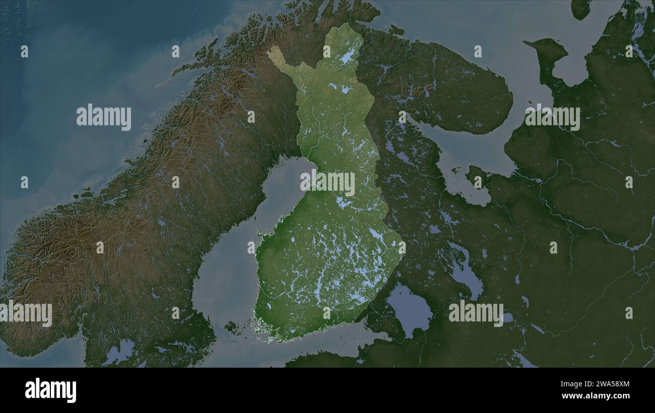 Finland highlighted on a Pale colored elevation map with lakes and ...