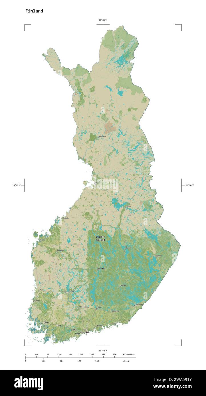 Shape of a topographic, OSM Humanitarian style map of the Finland, with ...