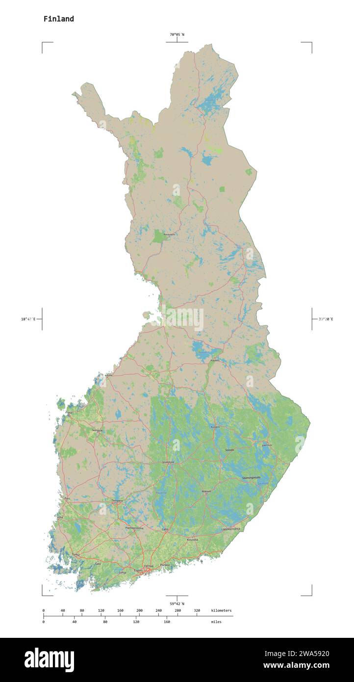 Shape of a topographic, OSM Germany style map of the Finland, with ...