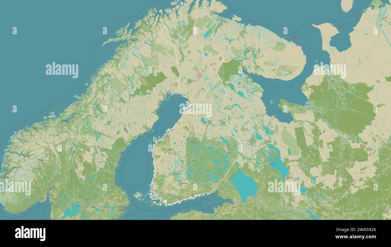 Finland outlined on a topographic, OSM Humanitarian style map Stock ...