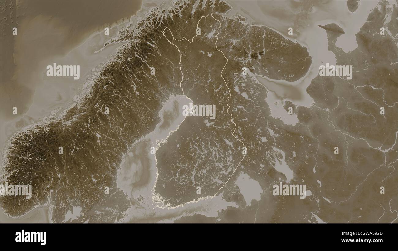 Finland outlined on a elevation map colored in sepia tones with lakes ...