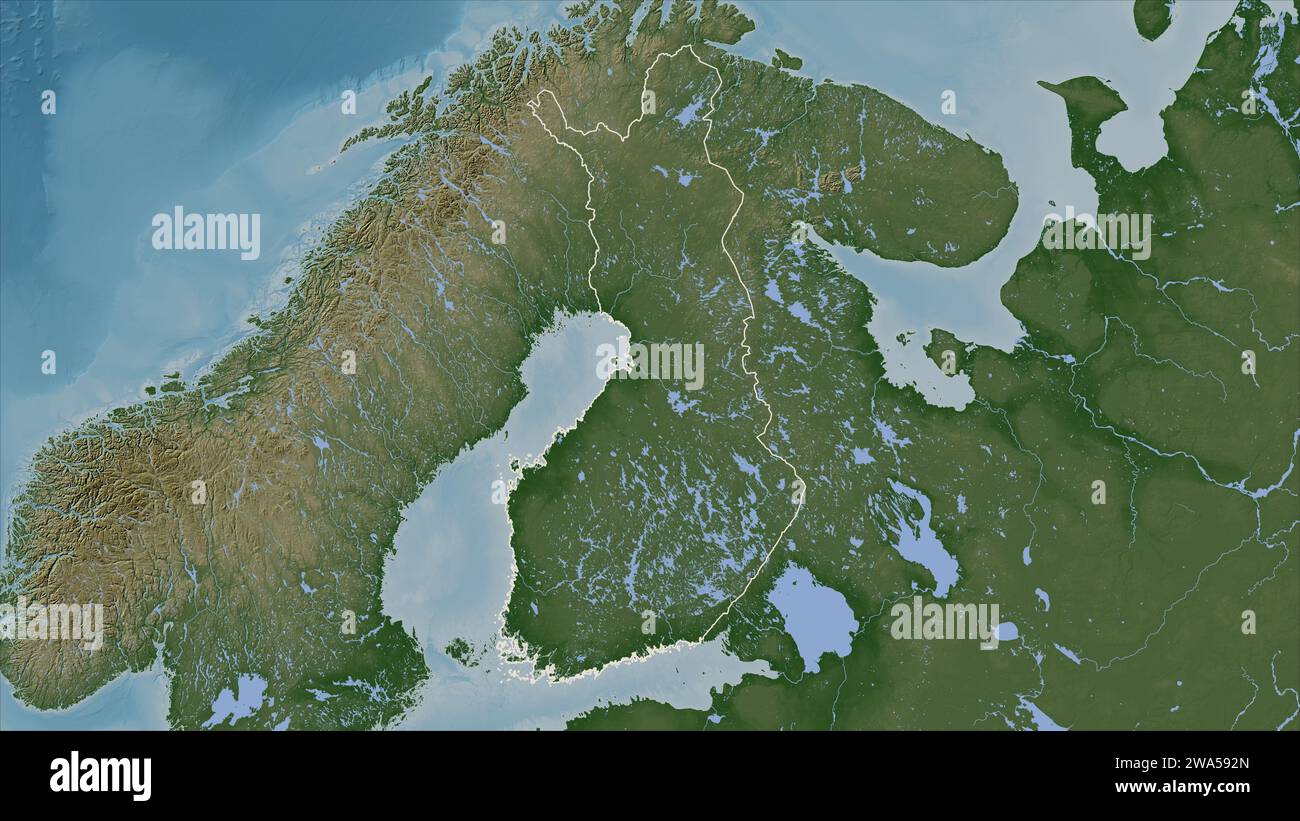 Finland outlined on a Pale colored elevation map with lakes and rivers ...