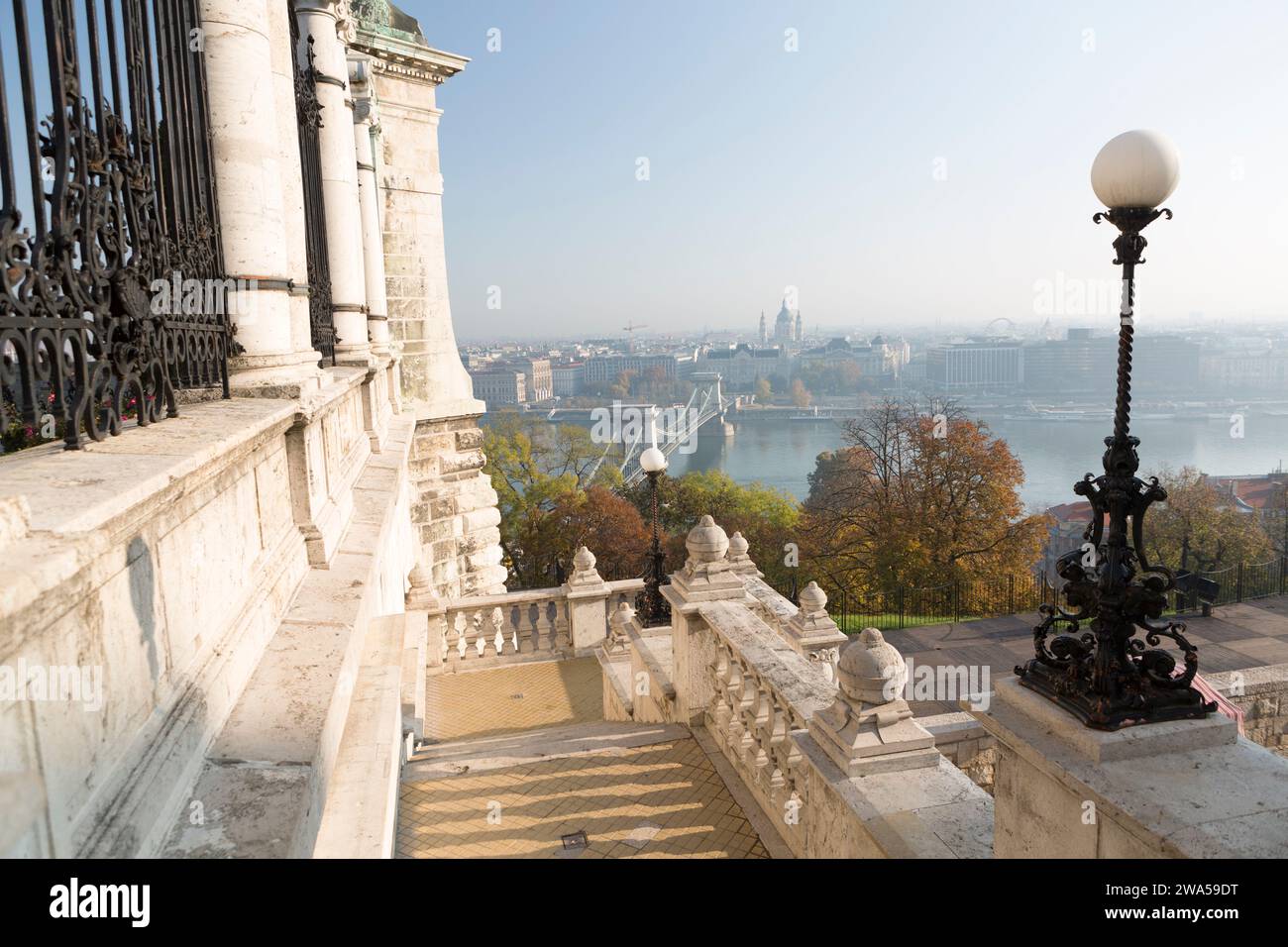 Hungary, Budapest, view of the castle walls in the Fishermans Bastion ...