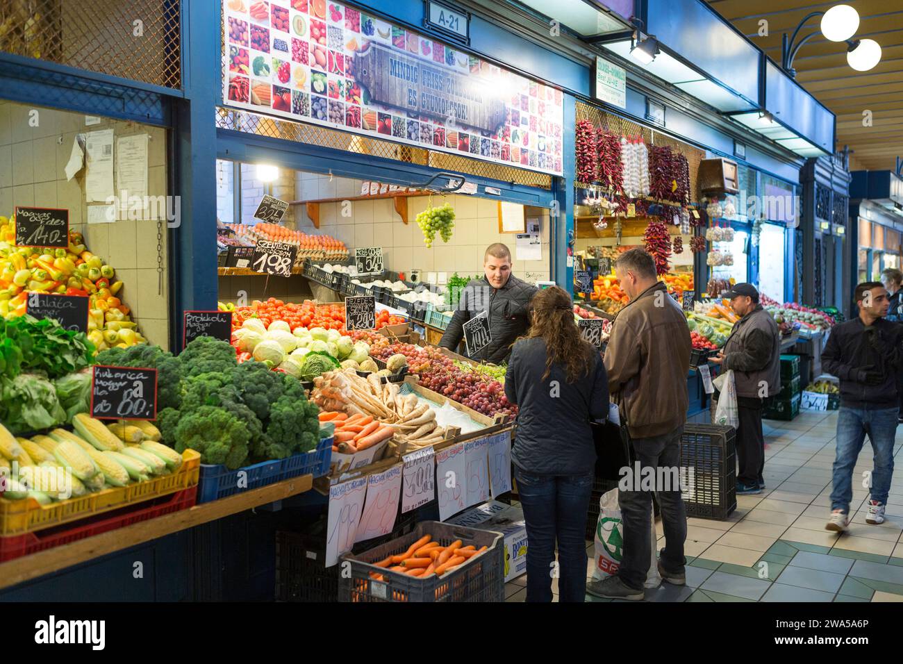 Hungary, Budapest, fruit and veg stalls in the Central indoor City ...