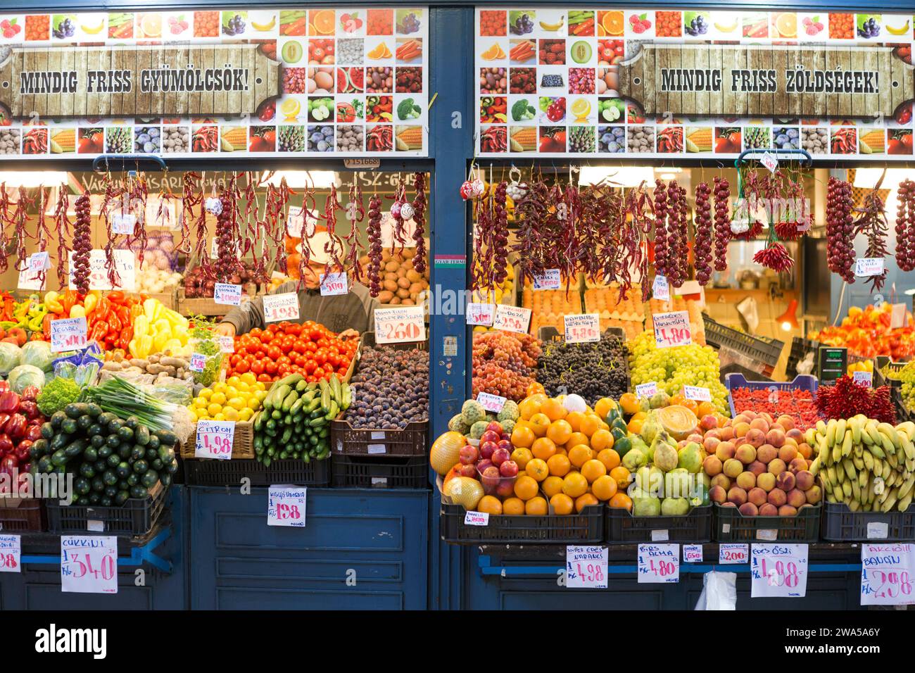 Hungary, Budapest, fruit and veg stall in the Central indoor City ...