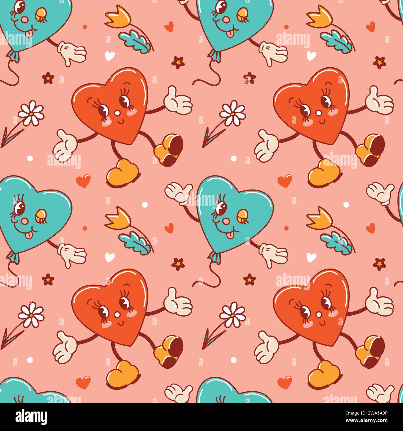 Seamless pattern for Valentines Day. Characters in old retro cartoon ...