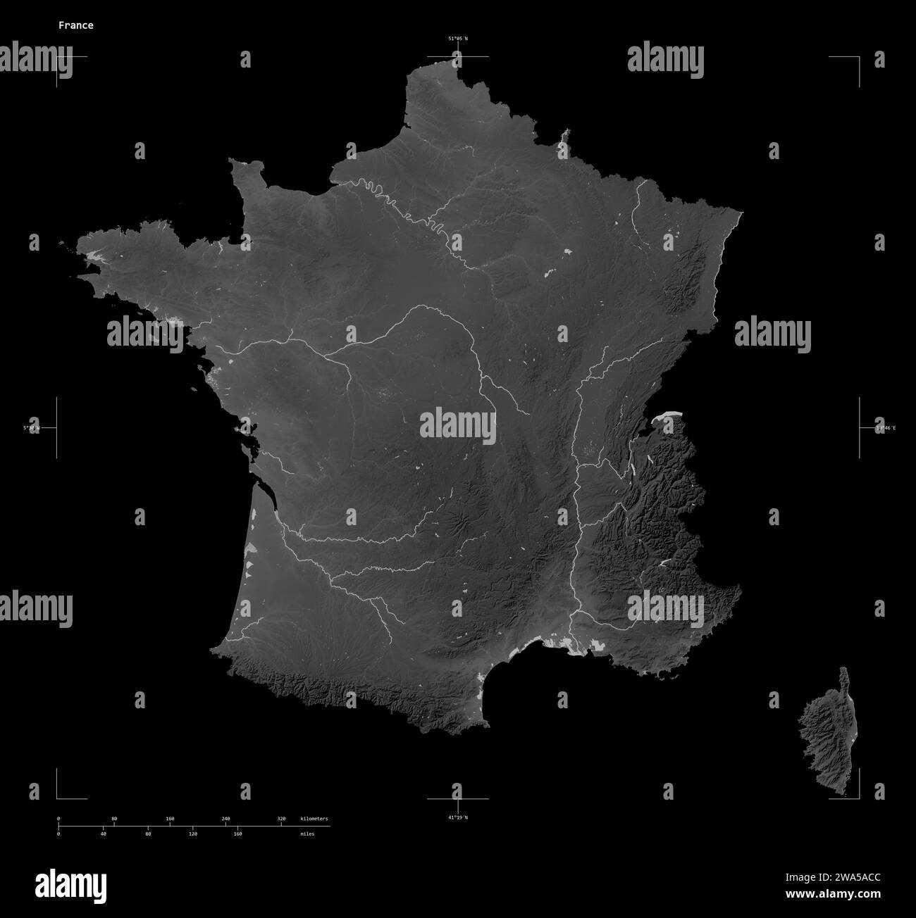 Shape of a Grayscale elevation map with lakes and rivers of the France, with distance scale and ...