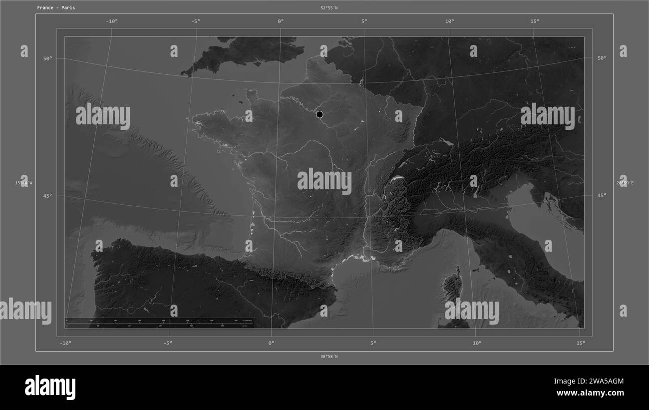 France highlighted on a Grayscale elevation map with lakes and rivers ...
