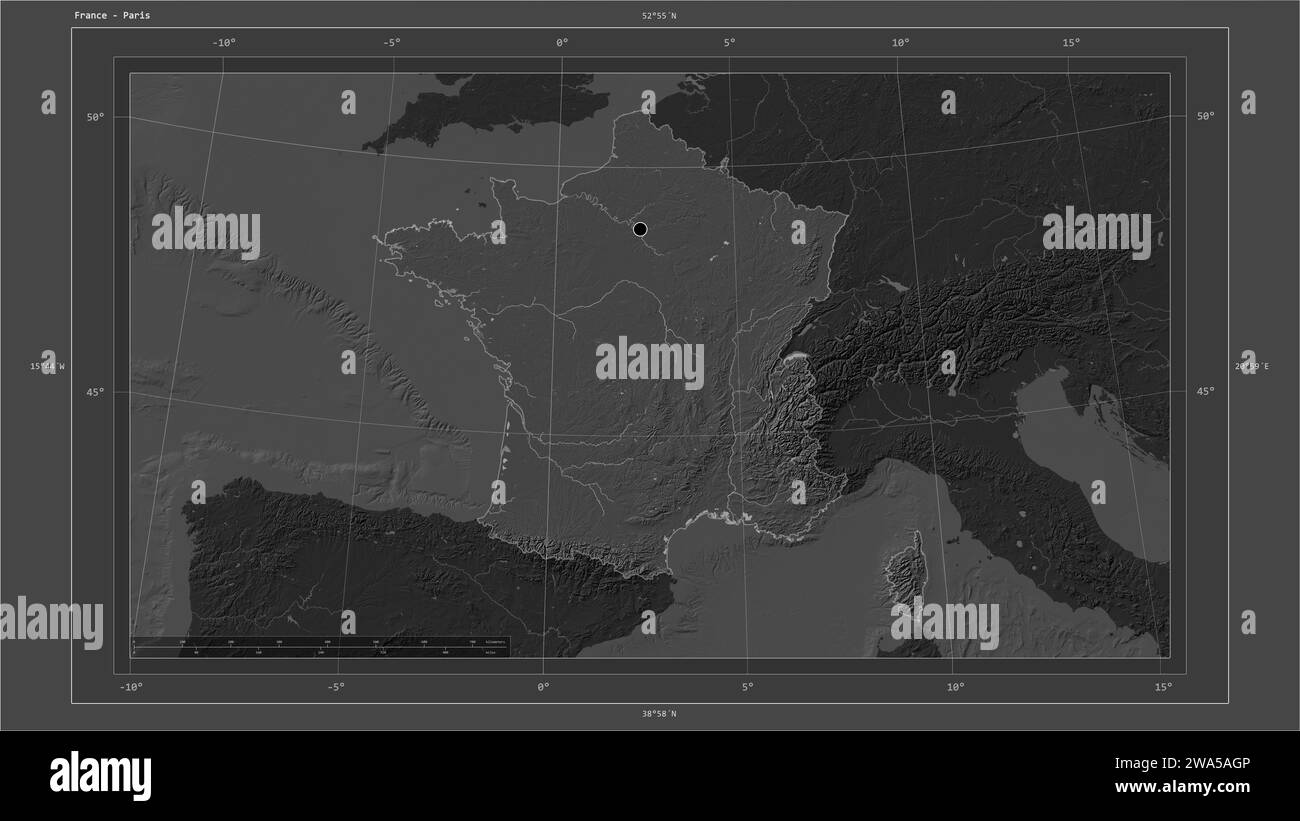 France highlighted on a Bilevel elevation map with lakes and rivers map ...