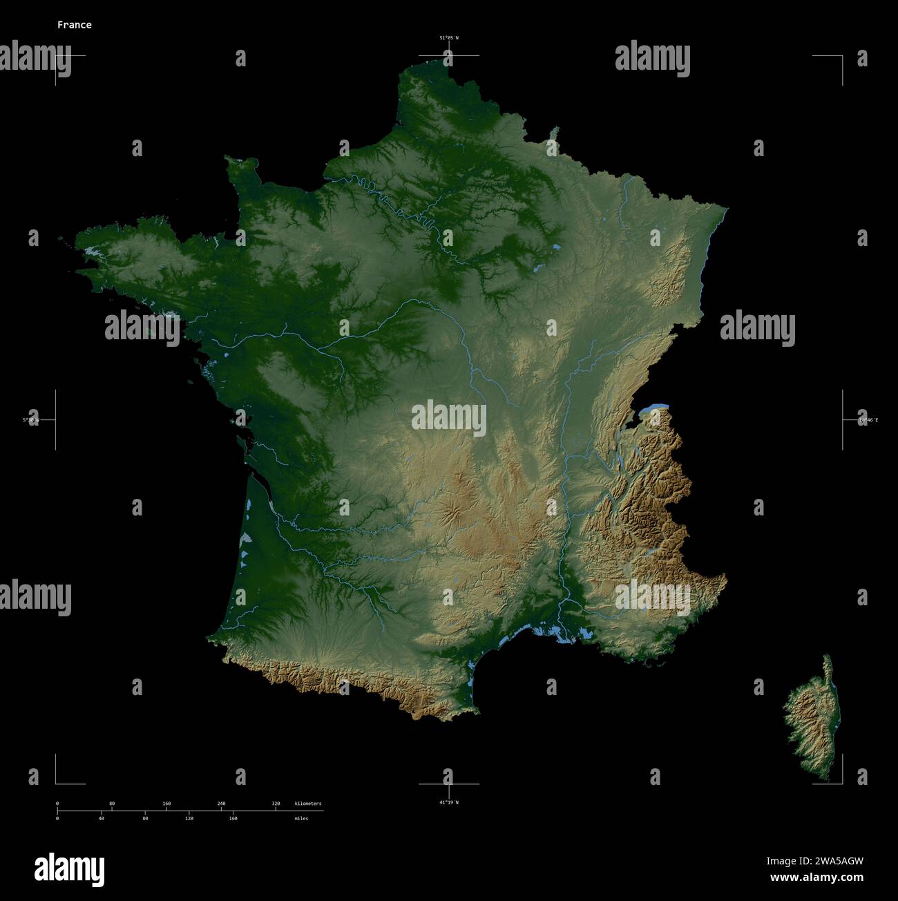 Shape of a Colored elevation map with lakes and rivers of the France ...