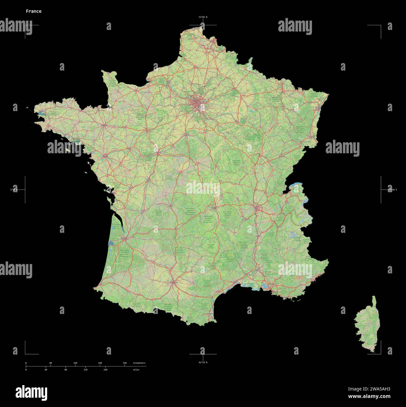 Shape of a topographic, OSM Germany style map of the France, with ...
