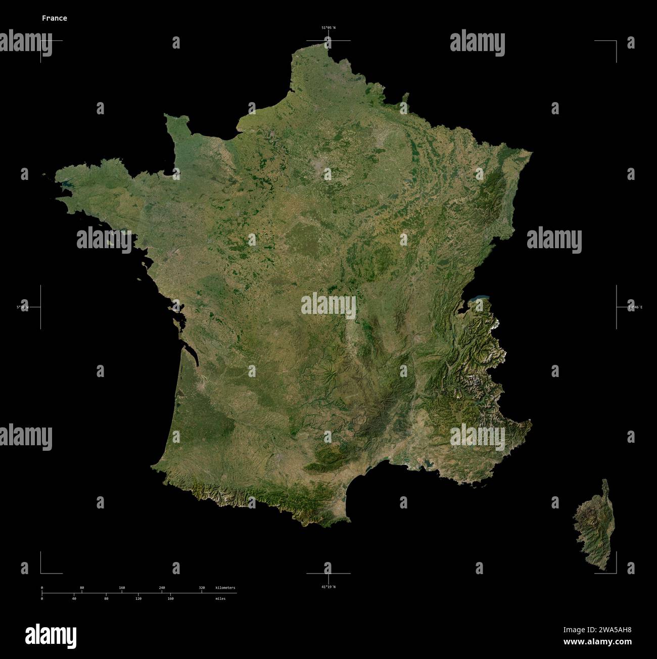 Shape of a low resolution satellite map of the France, with distance ...