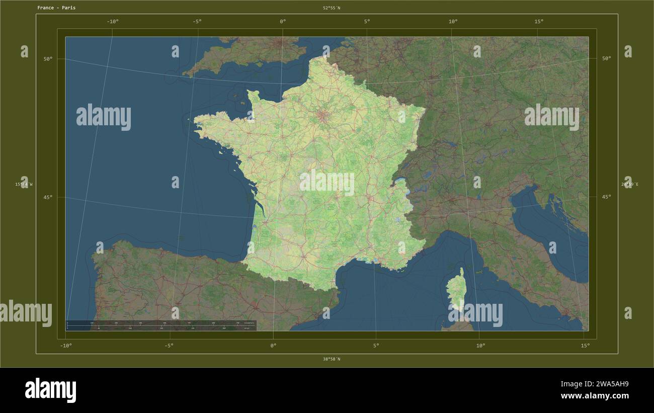 France highlighted on a topographic, OSM standard style map map with ...