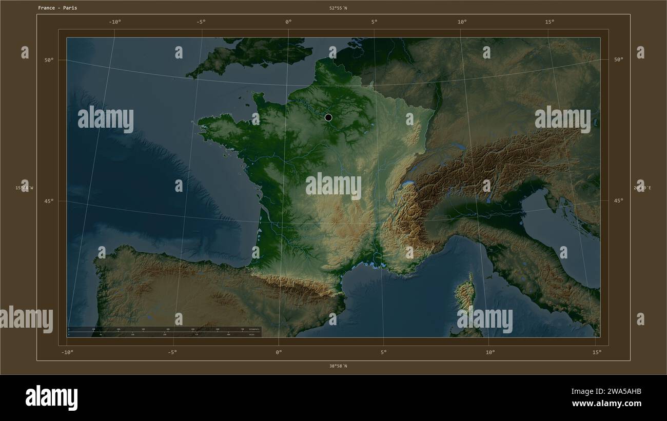 France highlighted on a Colored elevation map with lakes and rivers map ...