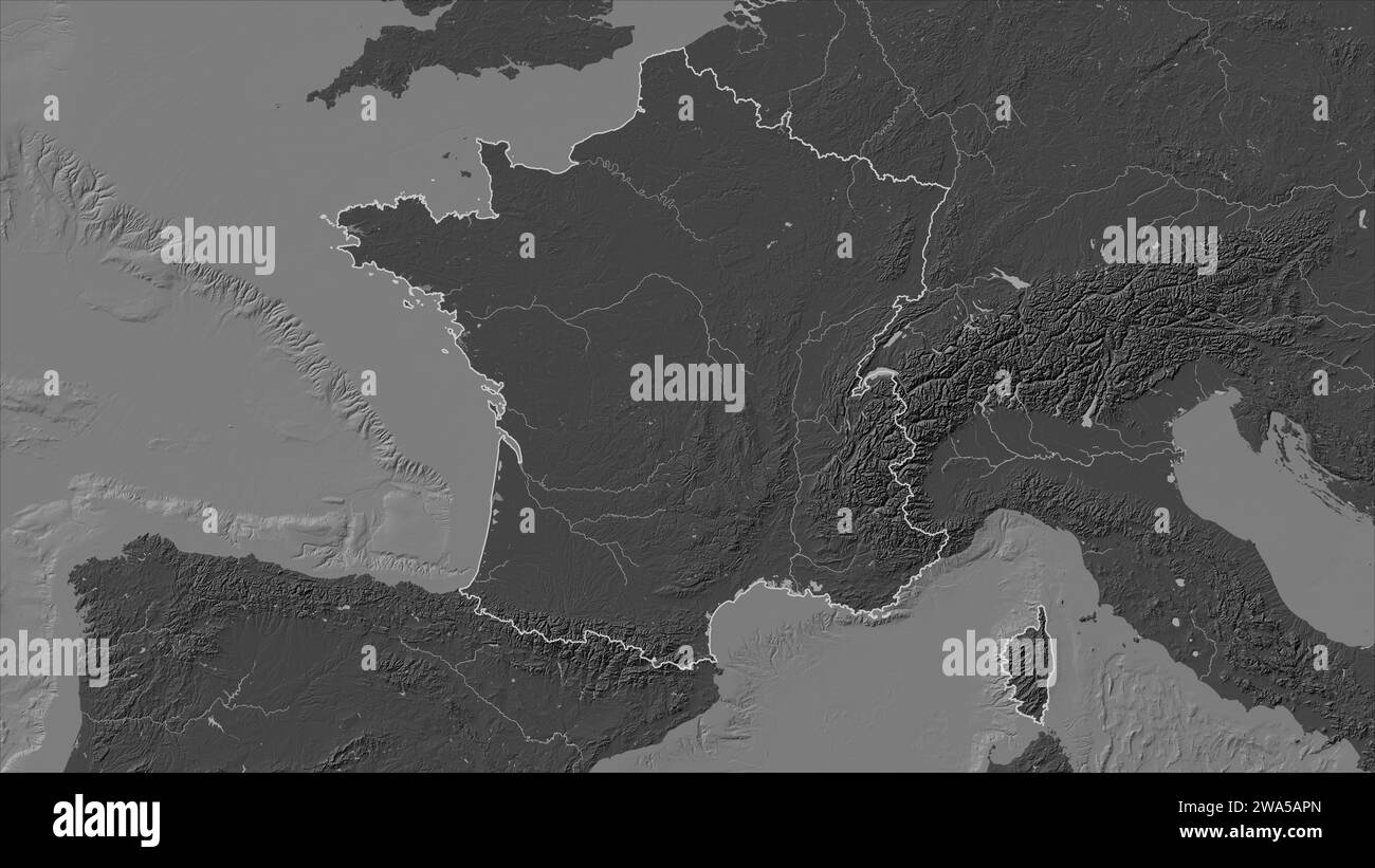France outlined on a Bilevel elevation map with lakes and rivers Stock ...