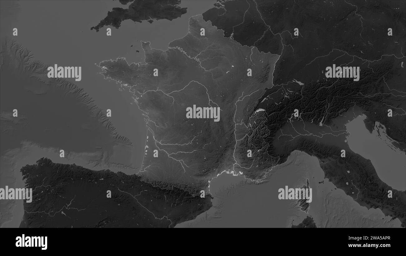 France highlighted on a Grayscale elevation map with lakes and rivers ...