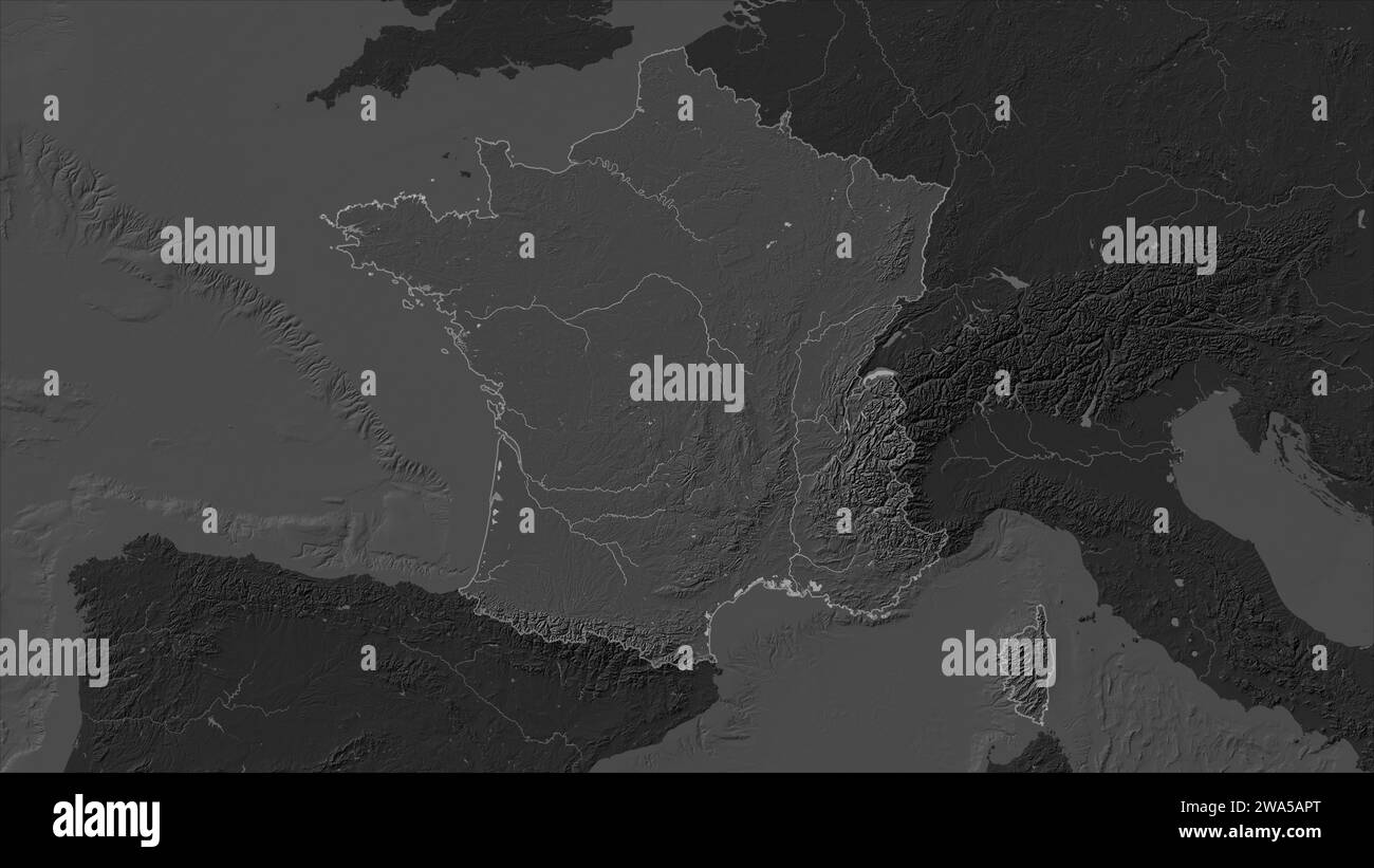 France highlighted on a Bilevel elevation map with lakes and rivers ...