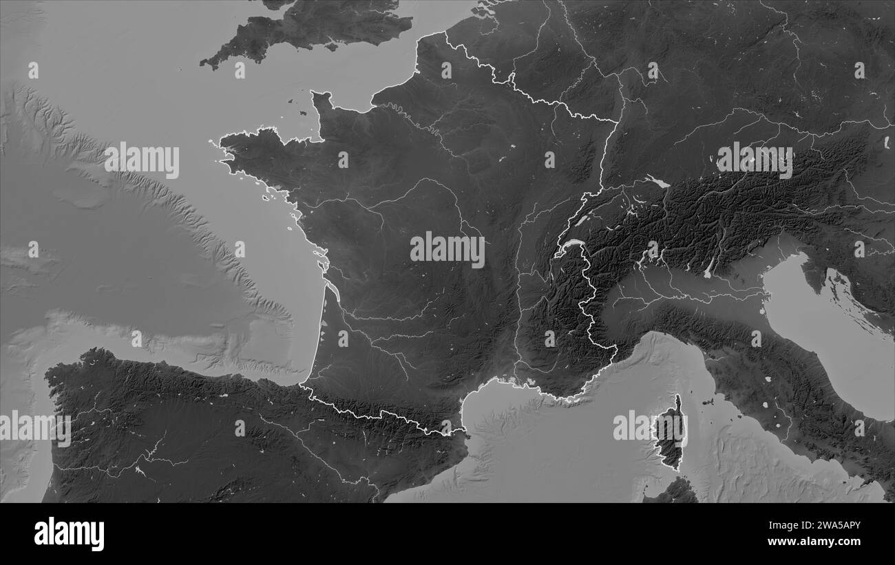 France outlined on a Grayscale elevation map with lakes and rivers ...