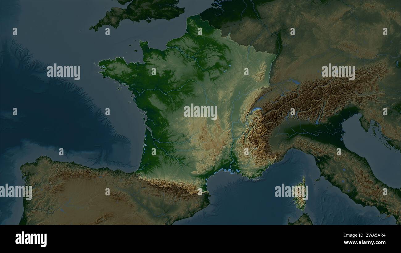 France highlighted on a Colored elevation map with lakes and rivers ...