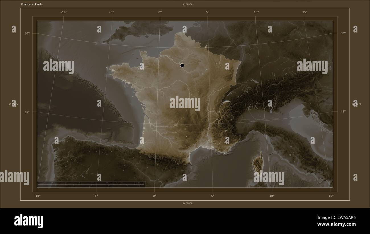 France highlighted on a elevation map colored in sepia tones with lakes ...