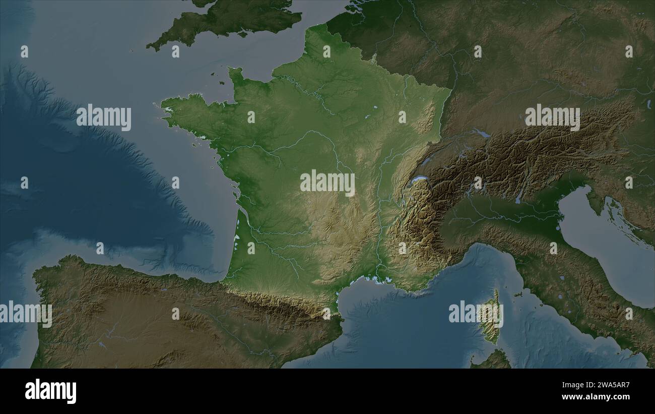 France highlighted on a Pale colored elevation map with lakes and ...