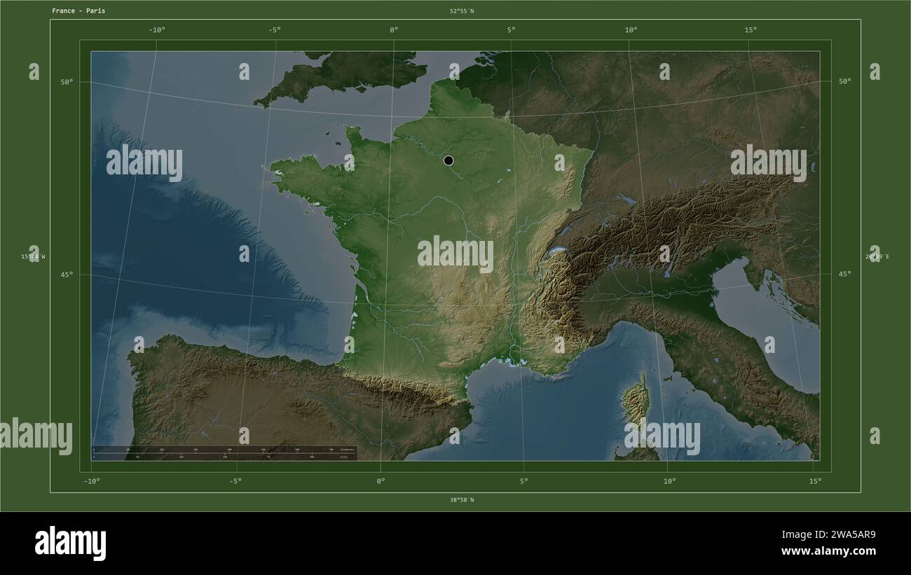 France highlighted on a Pale colored elevation map with lakes and ...