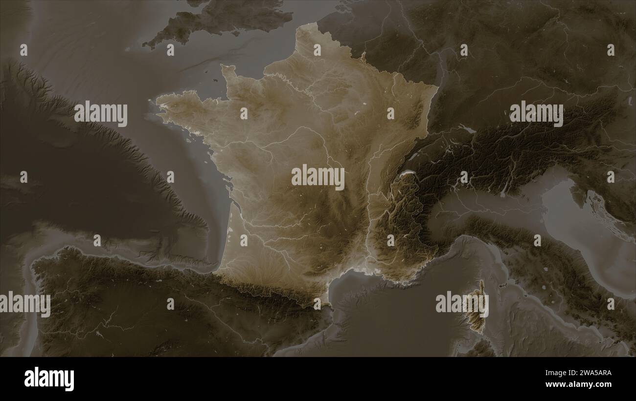 France highlighted on a elevation map colored in sepia tones with lakes ...