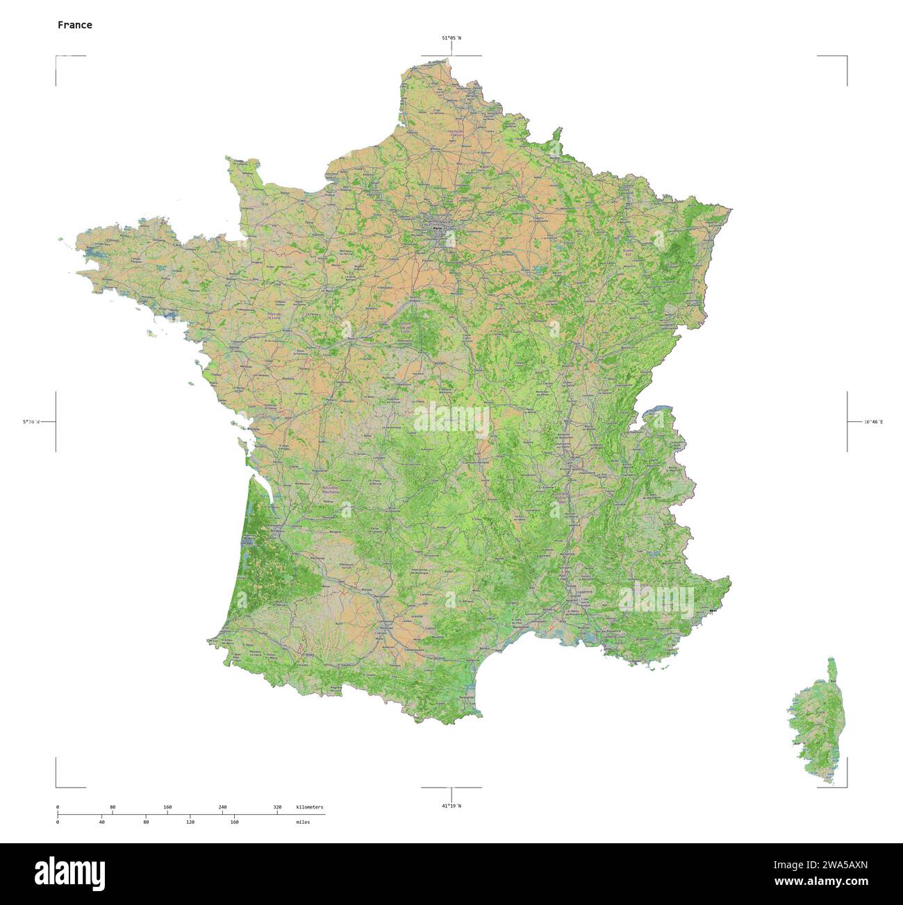 Shape of a topographic, OSM France style map of the France, with ...