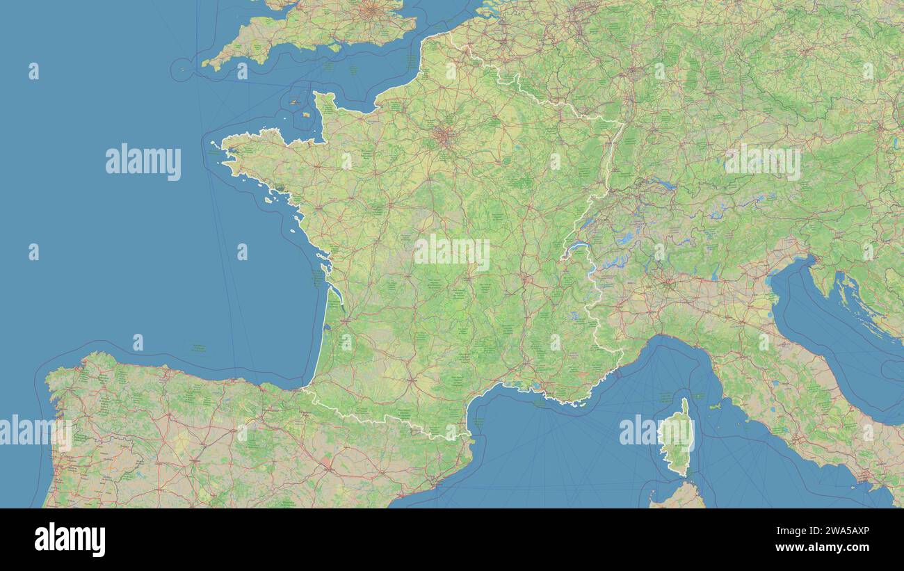 France outlined on a topographic, OSM standard style map Stock Photo ...