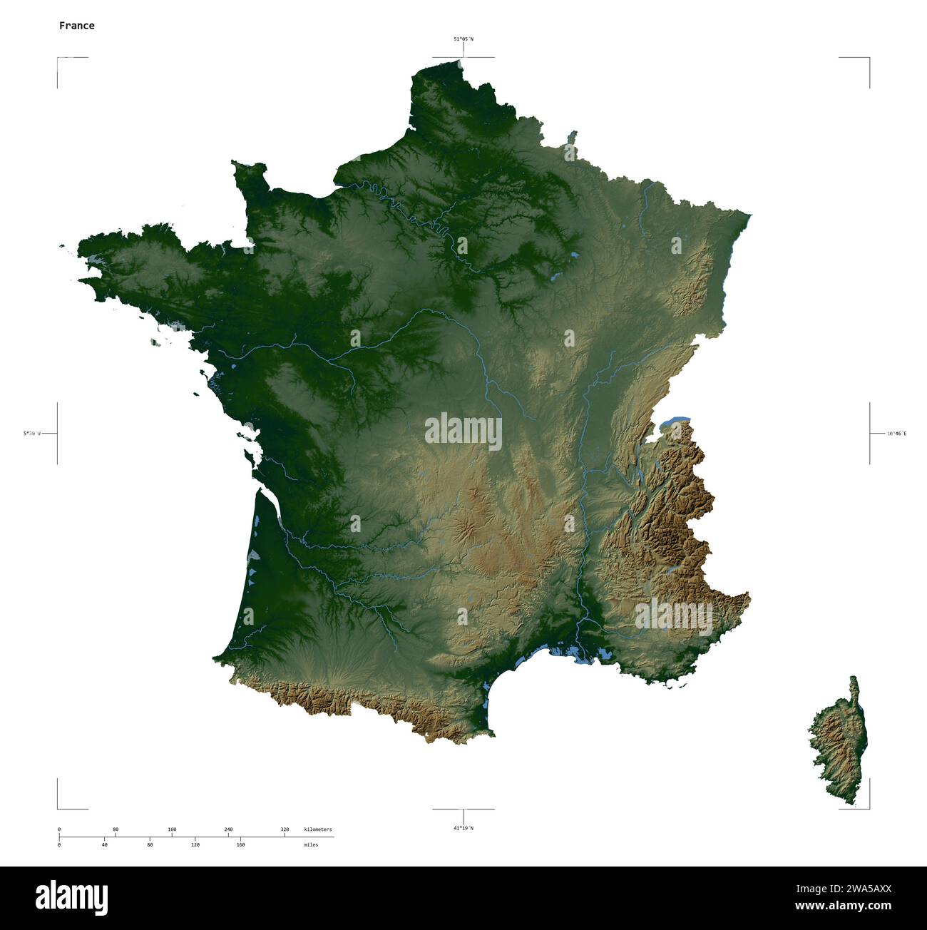 Shape of a Colored elevation map with lakes and rivers of the France ...
