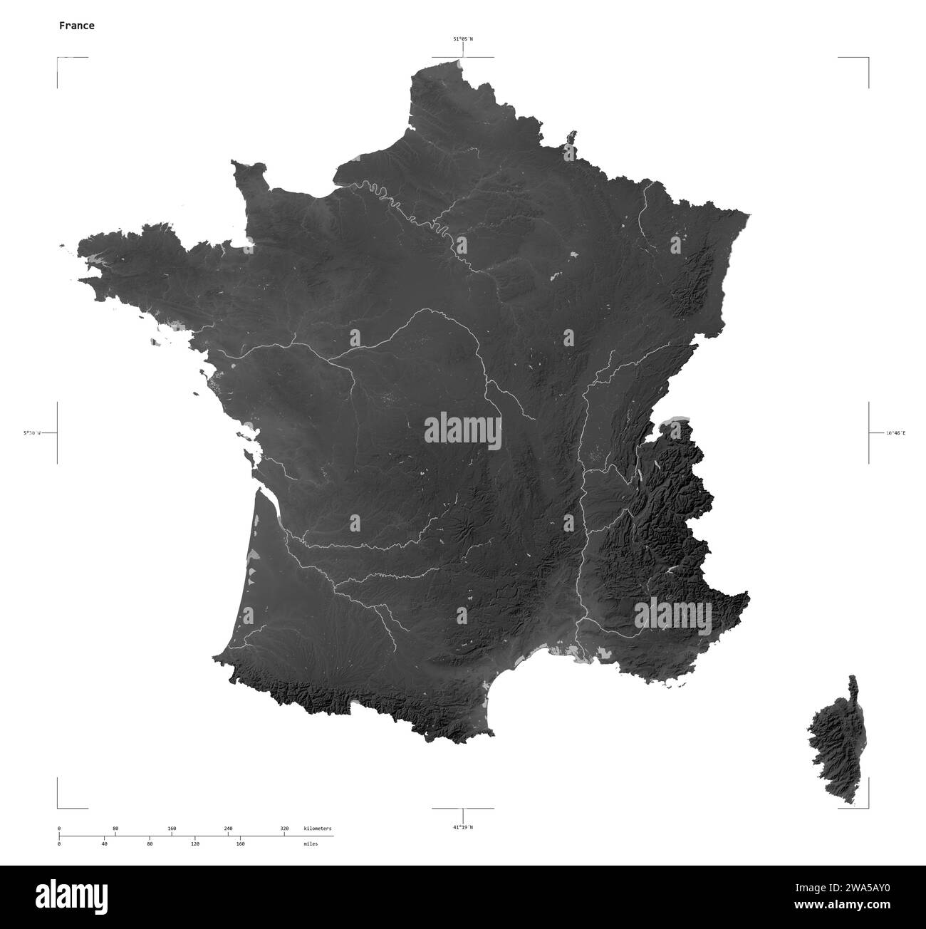 Shape of a Grayscale elevation map with lakes and rivers of the France ...
