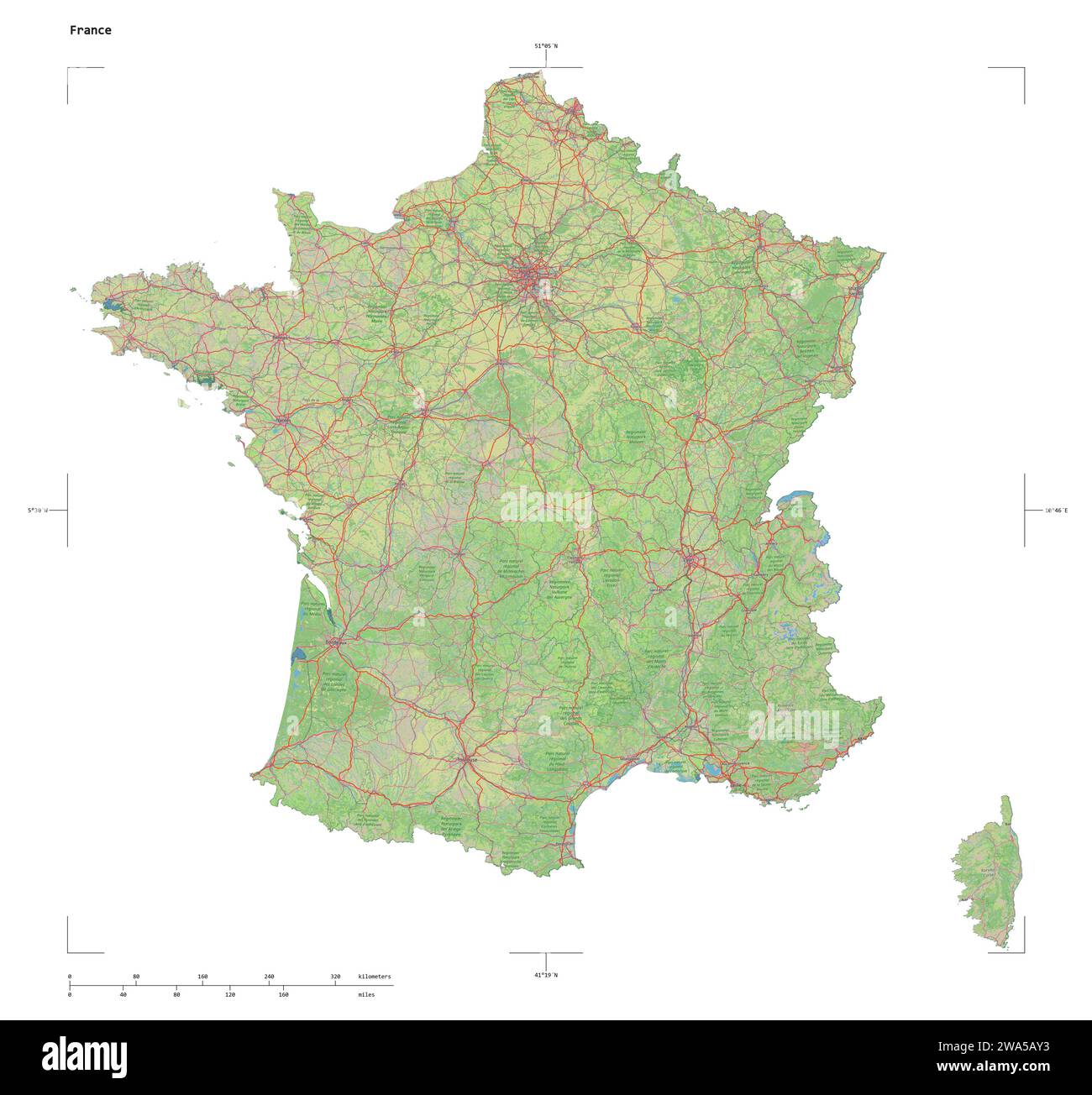 Shape of a topographic, OSM Germany style map of the France, with distance scale and map border ...