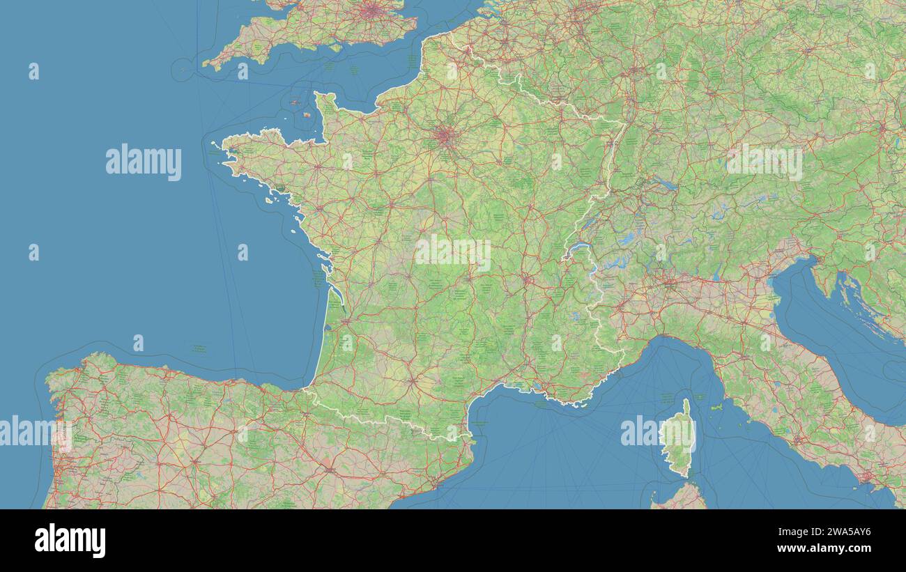 France outlined on a topographic, OSM Germany style map Stock Photo - Alamy