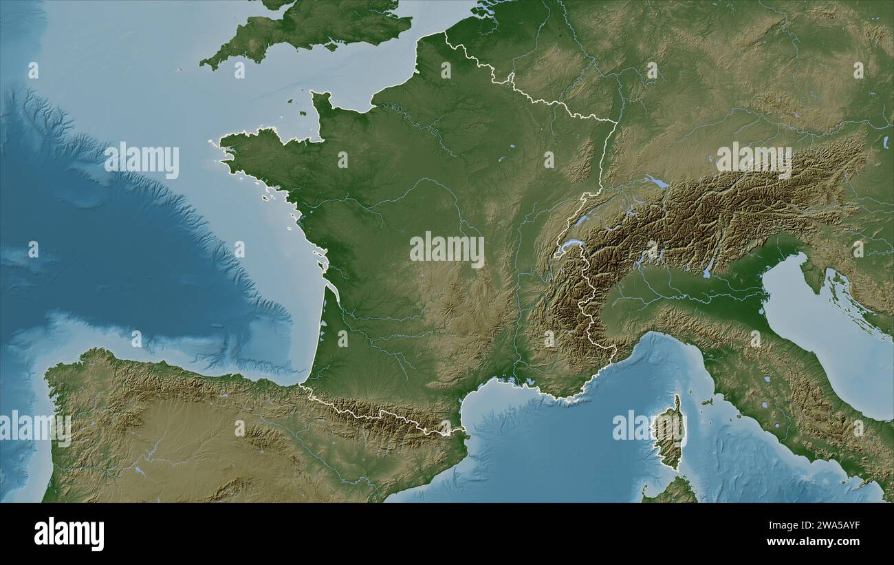 France outlined on a Pale colored elevation map with lakes and rivers ...
