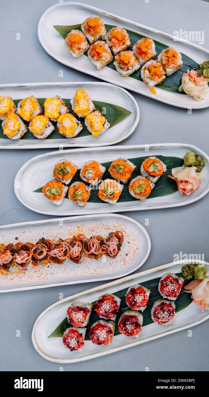 Top shot of japanese sushi food. Maki ands rolls with tuna, salmon ...